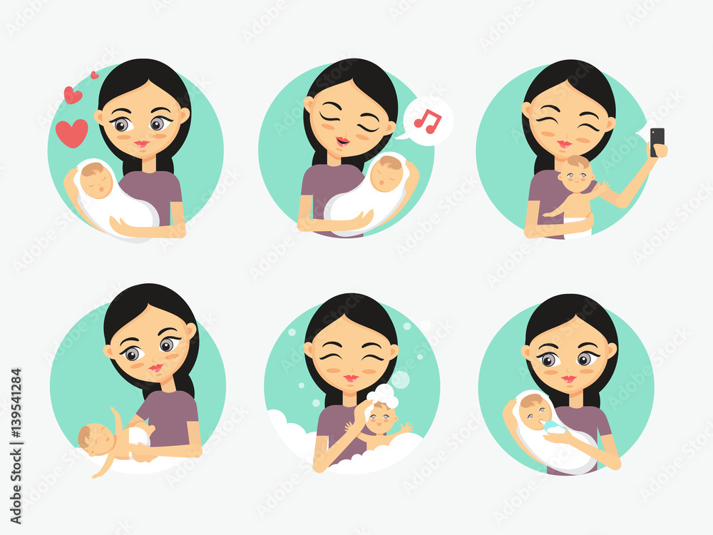 Baby care icons. Woman taking care of a newborn. How to care for the ...
