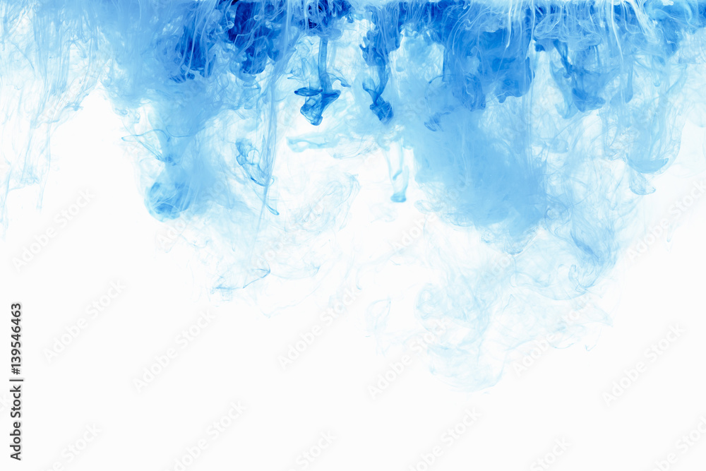 Abstract background color ink drop in water. Blue cloud of paint on ...