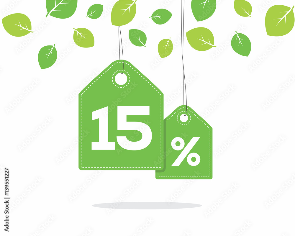 Vector green hanging price tag labels with 15% text on them and with ...