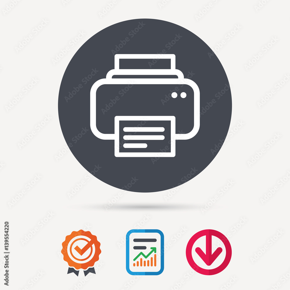 Printer icon. Print documents technology symbol. Report document, award ...