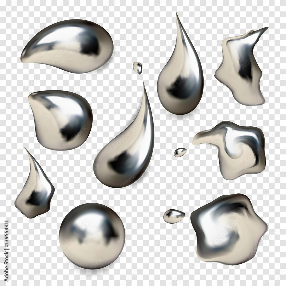 Chrome metal droplet set realistic isolated on white background Stock ...