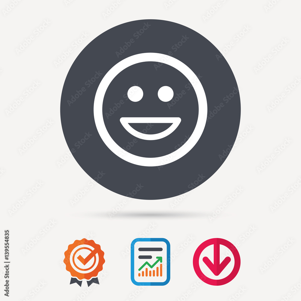 Happy smile icon. Smiley laugh emoticon symbol. Report document, award ...