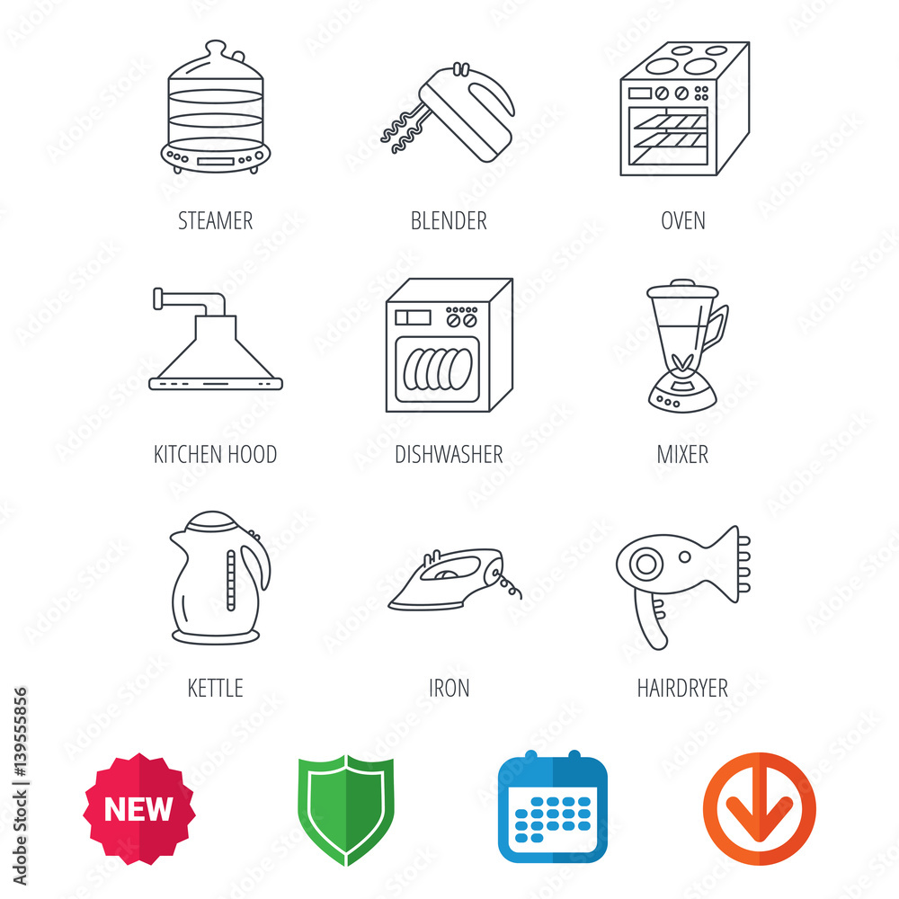 Dishwasher, kettle and mixer icons. Oven, steamer and iron linear signs ...