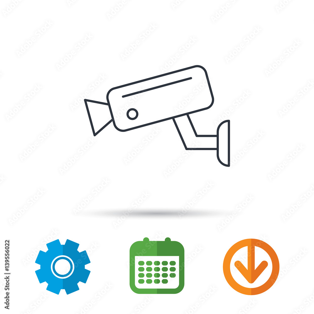 Video monitoring icon. Camera cctv sign. Calendar, cogwheel and ...