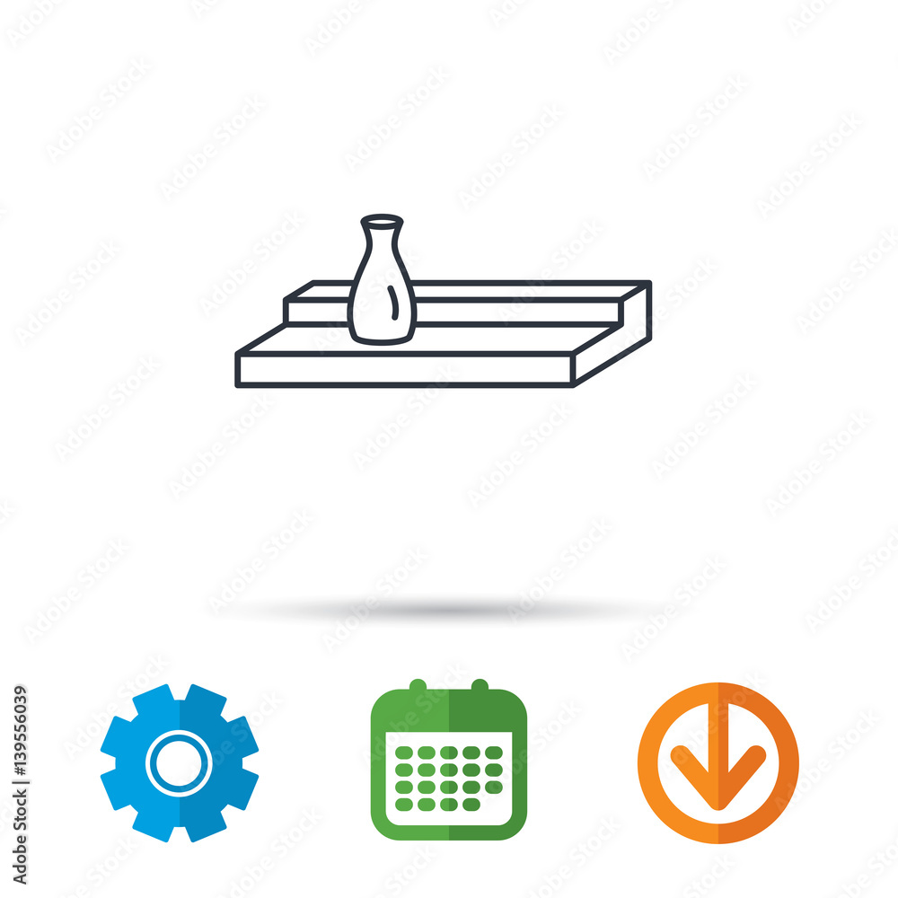 Wall shelf icon. Bookshelf with vase sign. Calendar, cogwheel and ...