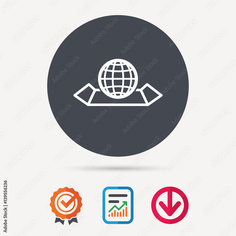 World map icon. Globe sign. Travel location symbol. Report document ...