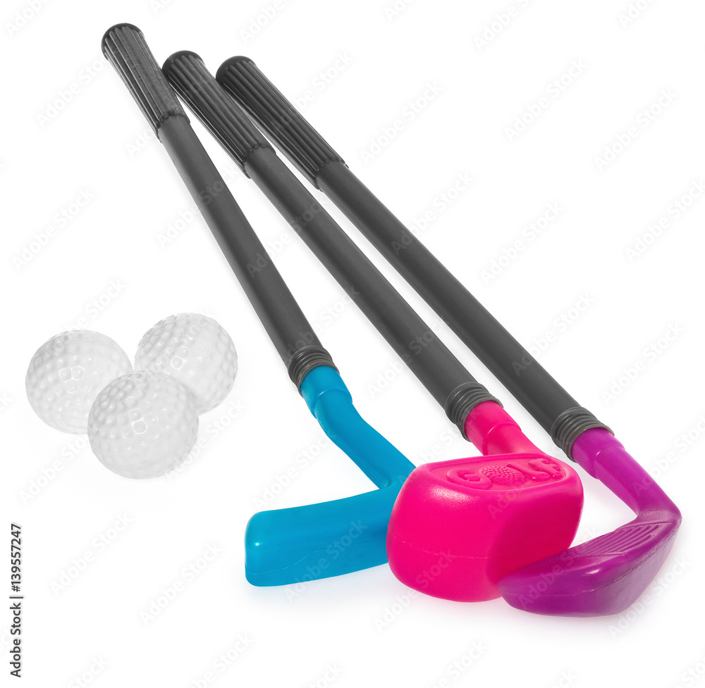 Mini golf set, toy for children, plastic golf stick and balls. Stock ...