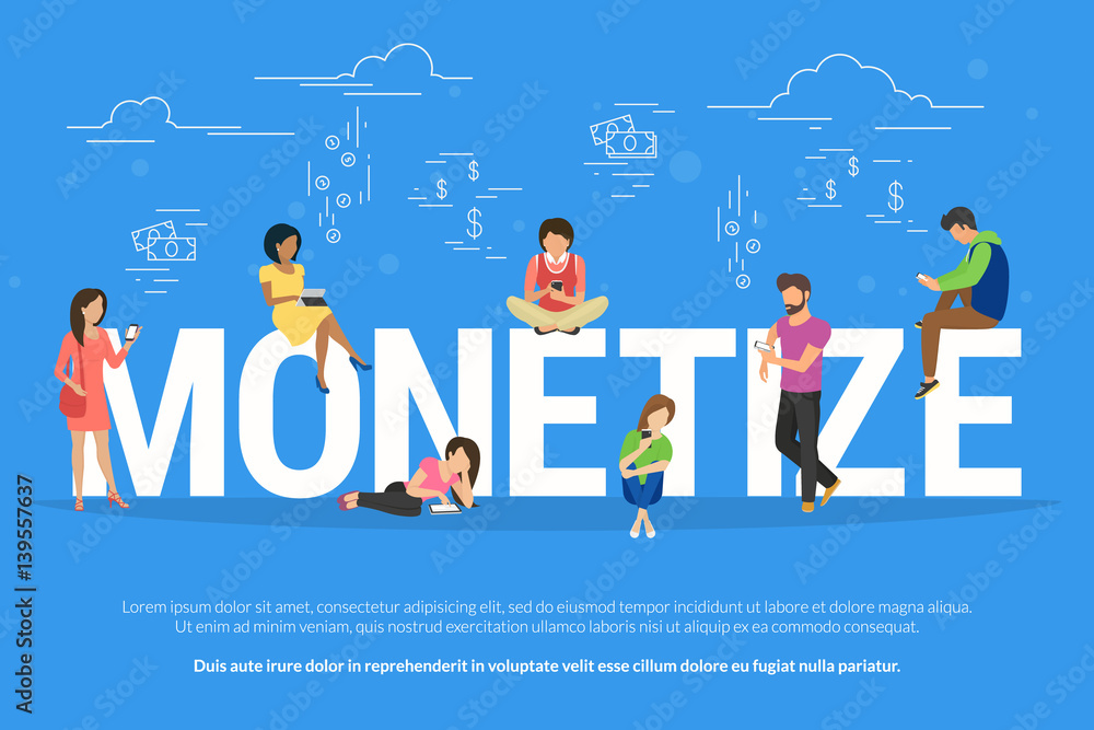 Monetize illustration of business people using devices for buying new ...