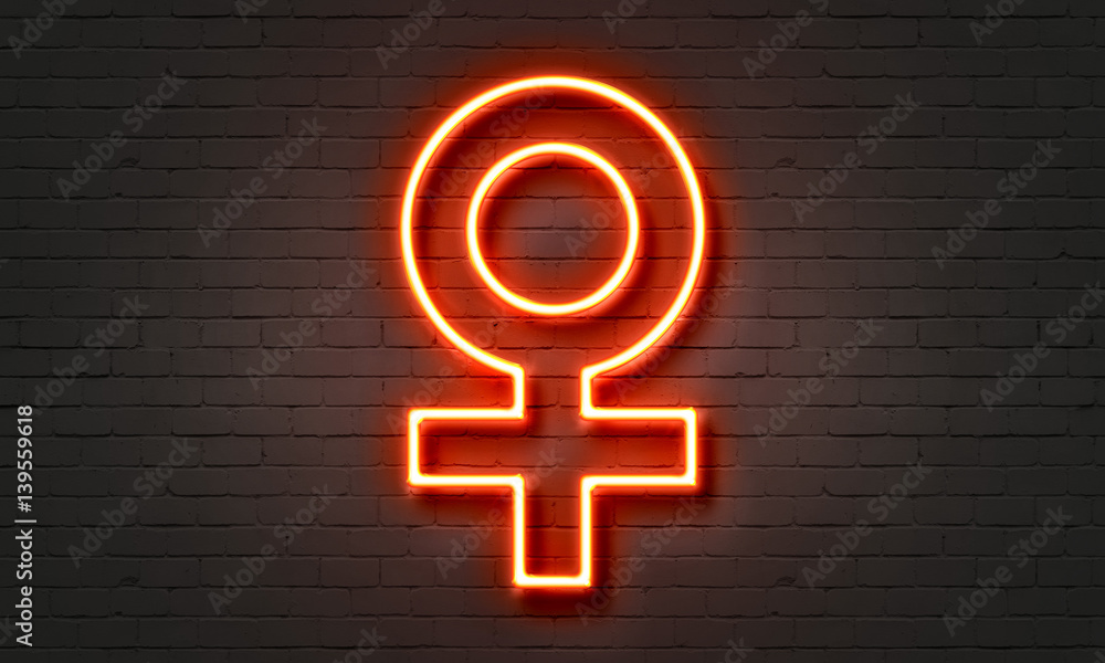 Female symbol neon sign on brick wall background. Stock Illustration ...