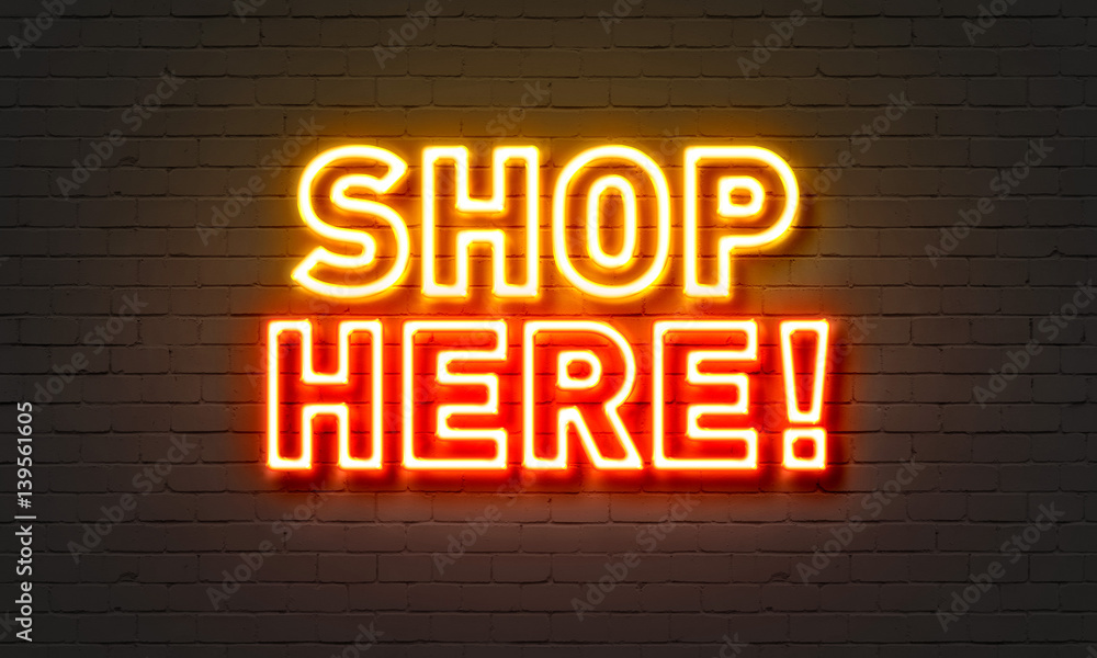 Shop here neon sign on brick wall background. Stock Illustration ...