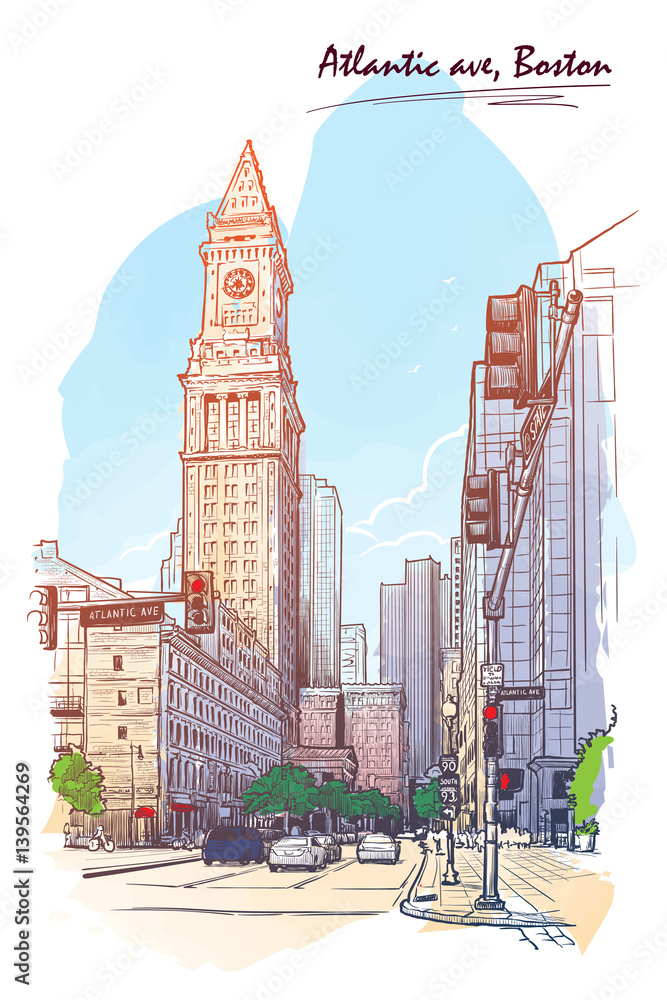 Panorama of the State street and Custom House Tower in Boston ...