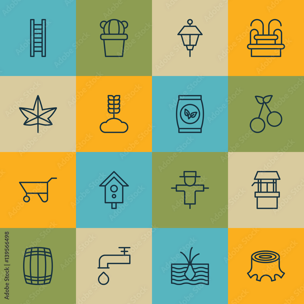 Set Of 16 Plant Icons. Includes Autumn Plant, Water Monument, Stairway ...