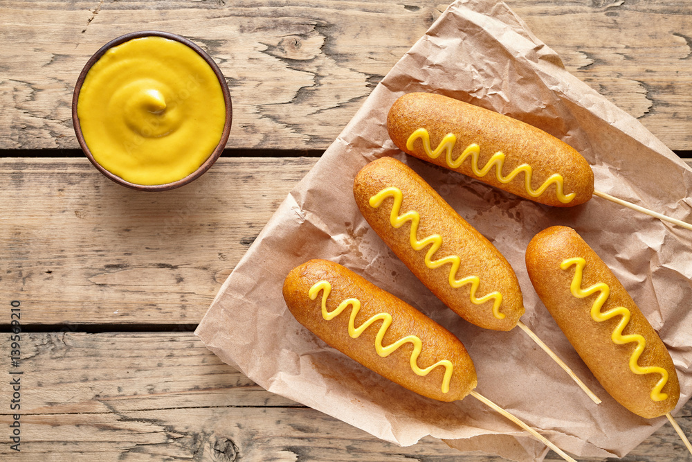 Corn dog traditional American corndog street junk food deep fried hot ...