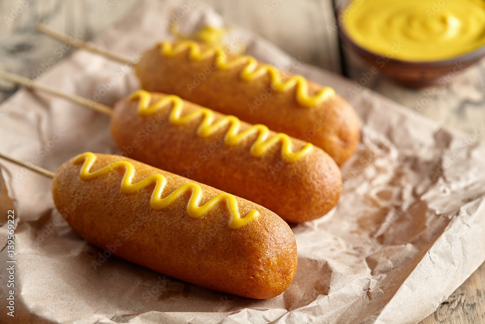 Corn dog traditional American corndog street junk food deep fried ...