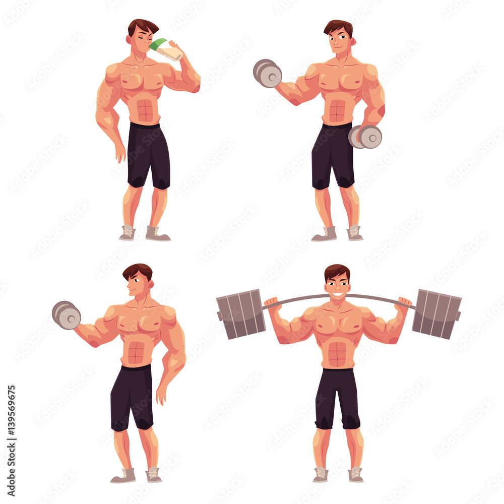 Young man, male bodybuilder, weightlifter working out with barbell and ...
