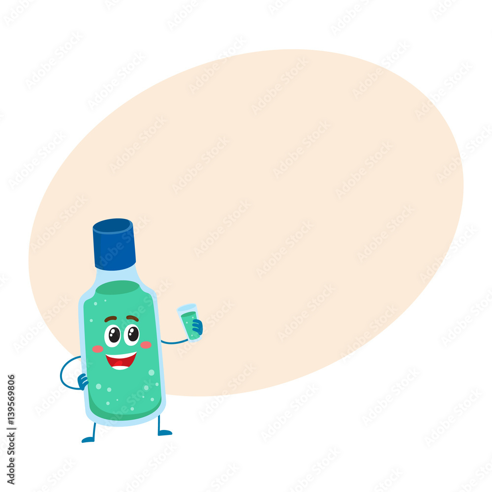 Cute and funny dental mouthwash, mouth rinse character holding glass ...