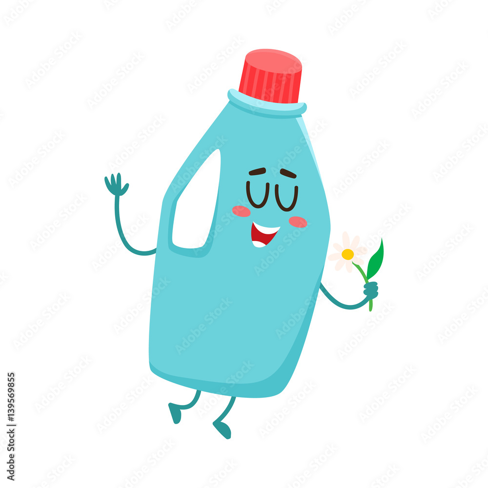 Funny detergent bottle character with smiling human face holding a ...