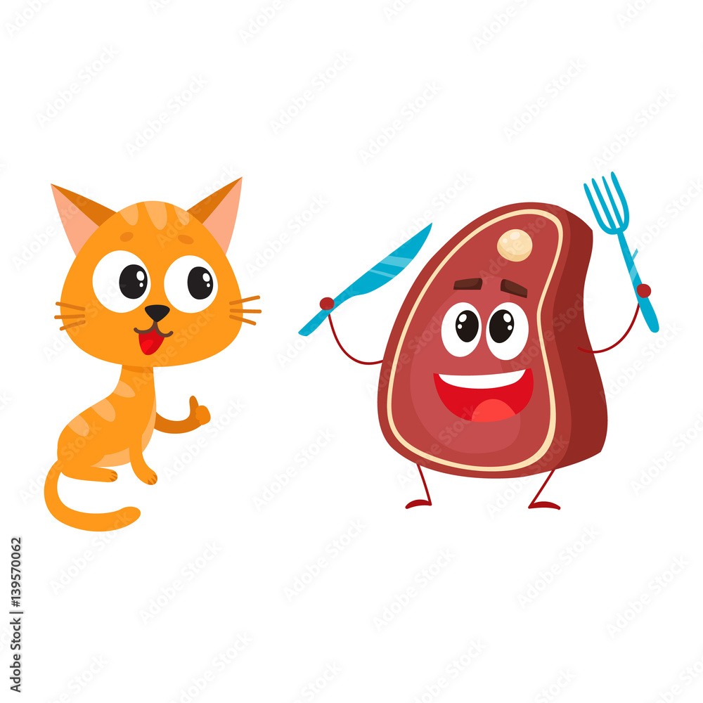Funny red cat, kitten character looking at meat, steak holding fork and ...