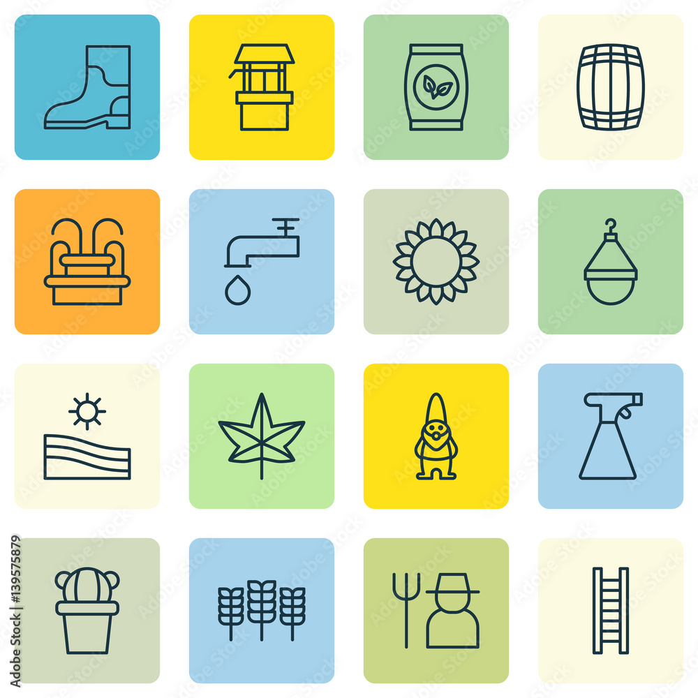 Set Of 16 Plant Icons. Includes Grains, Autumn Plant, Desert Plant And ...