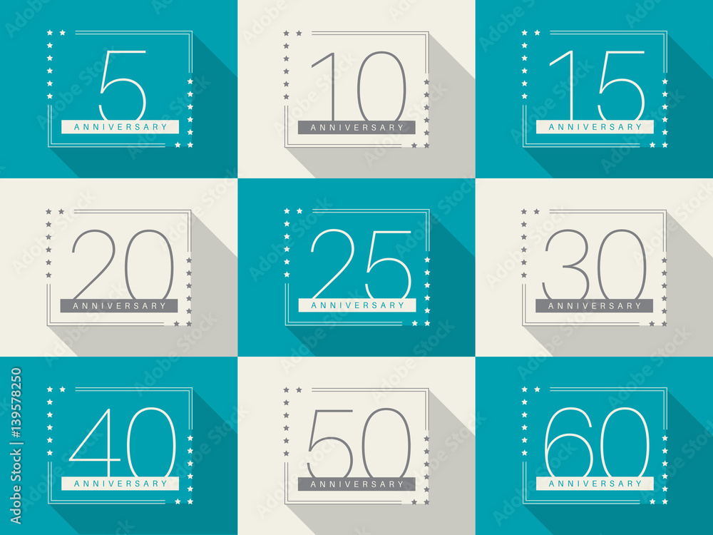 Vector set of anniversary signs, symbols. 5, 10, 15, 20, 25, 30, 40, 50 ...