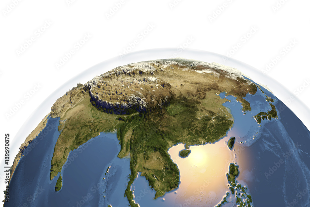 Planet Earth from space showing Asia with enhanced bump isolated on ...