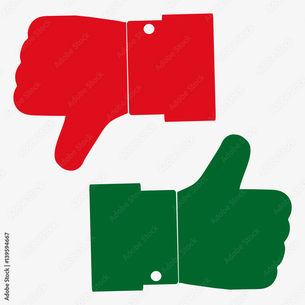Dislike like icon flat. Red and green pictogram on white background ...