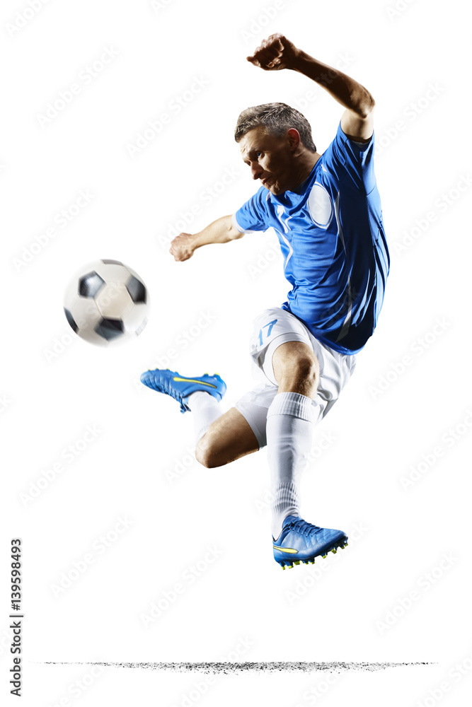 Professional football soccer player in action isolated white background ...