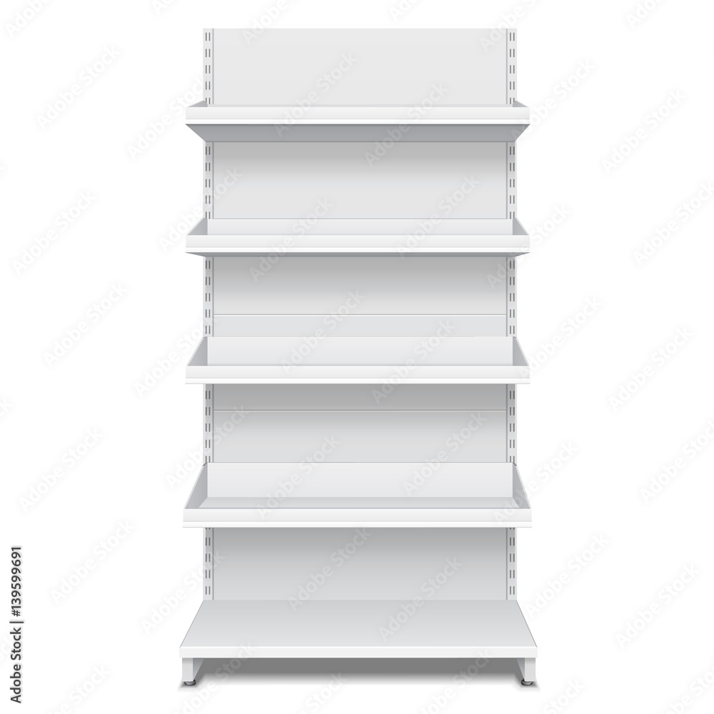 Blank Empty Showcase Display With Retail Shelves. 3D. Front View. Mock ...