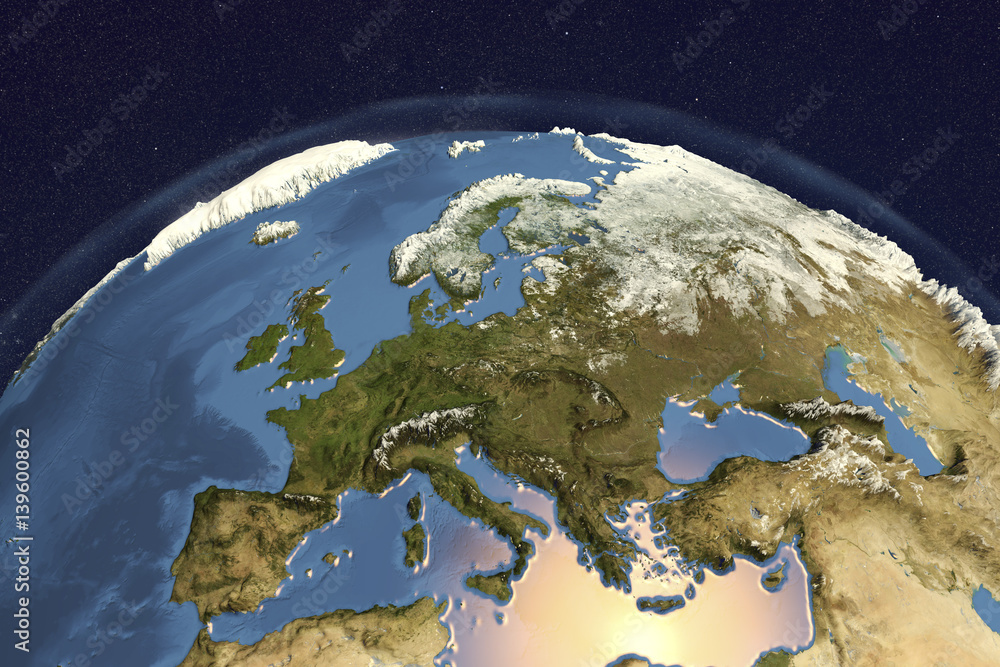 Planet Earth from space showing Europe in winter with enhanced bump, 3D ...