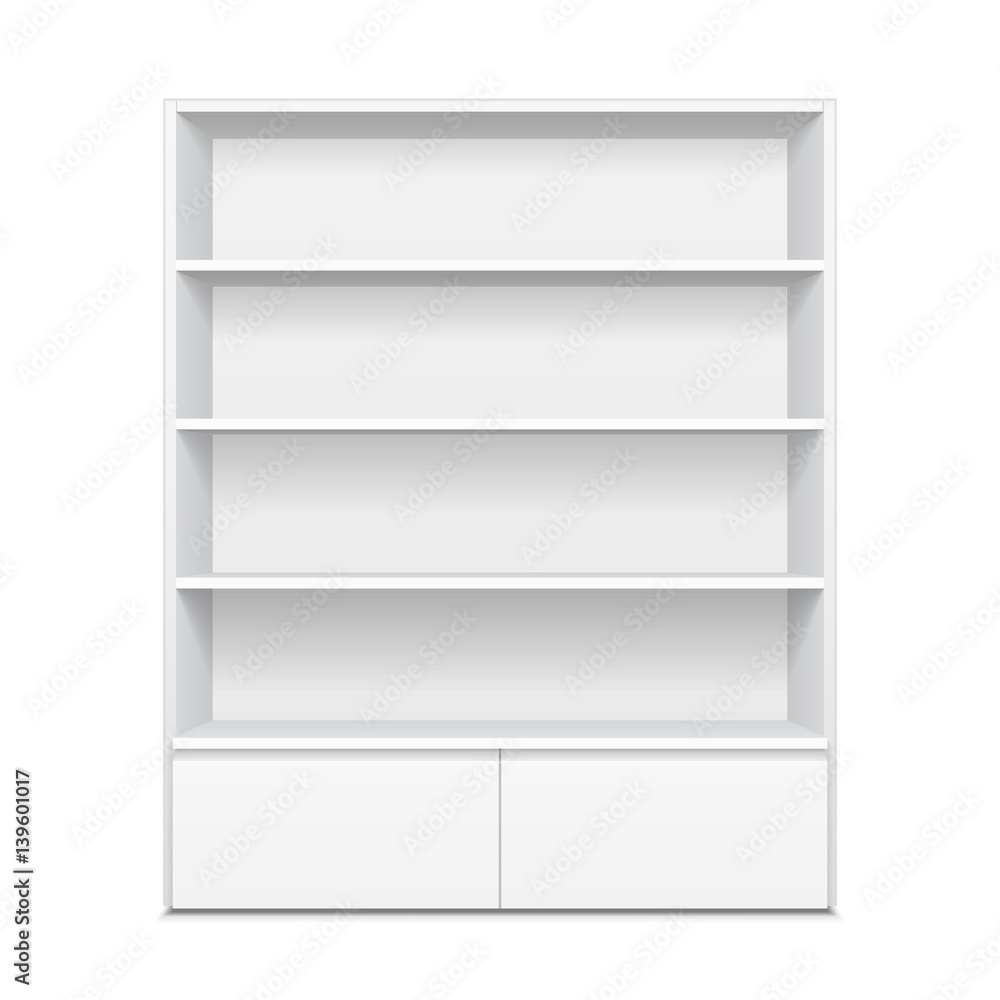 Blank Empty Showcase Display With Retail Shelves. 3D. Front View. Mock ...