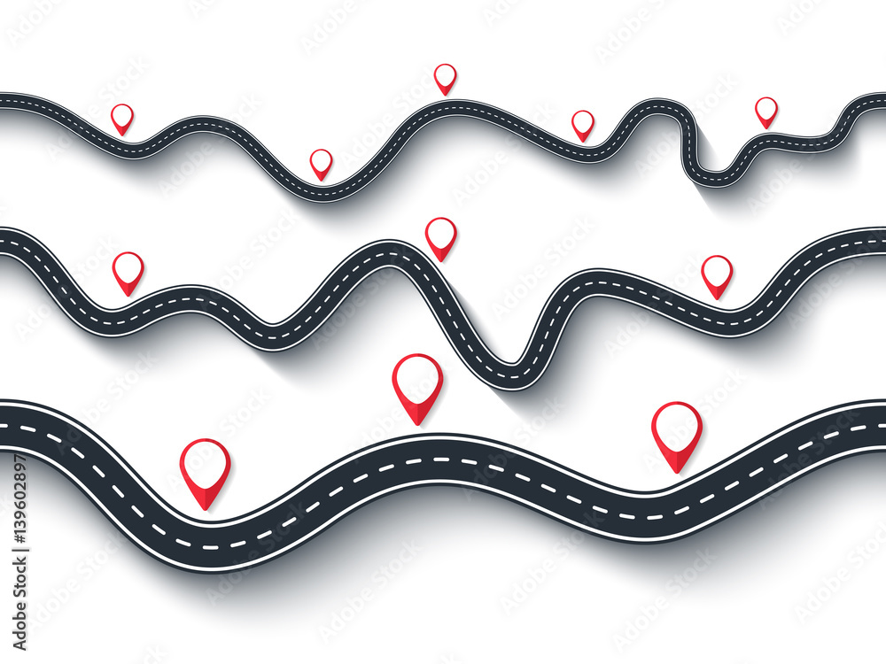 Road trip and Journey route. Seamless Winding Roads Set on a White ...
