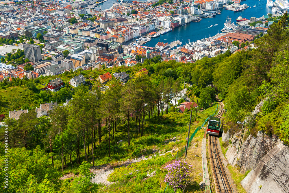 Town of Bergen seen from the mountain of Floyen. The Floibanen is a ...