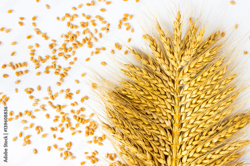 Spikes of wheat tied together and grain on white background. Stock ...
