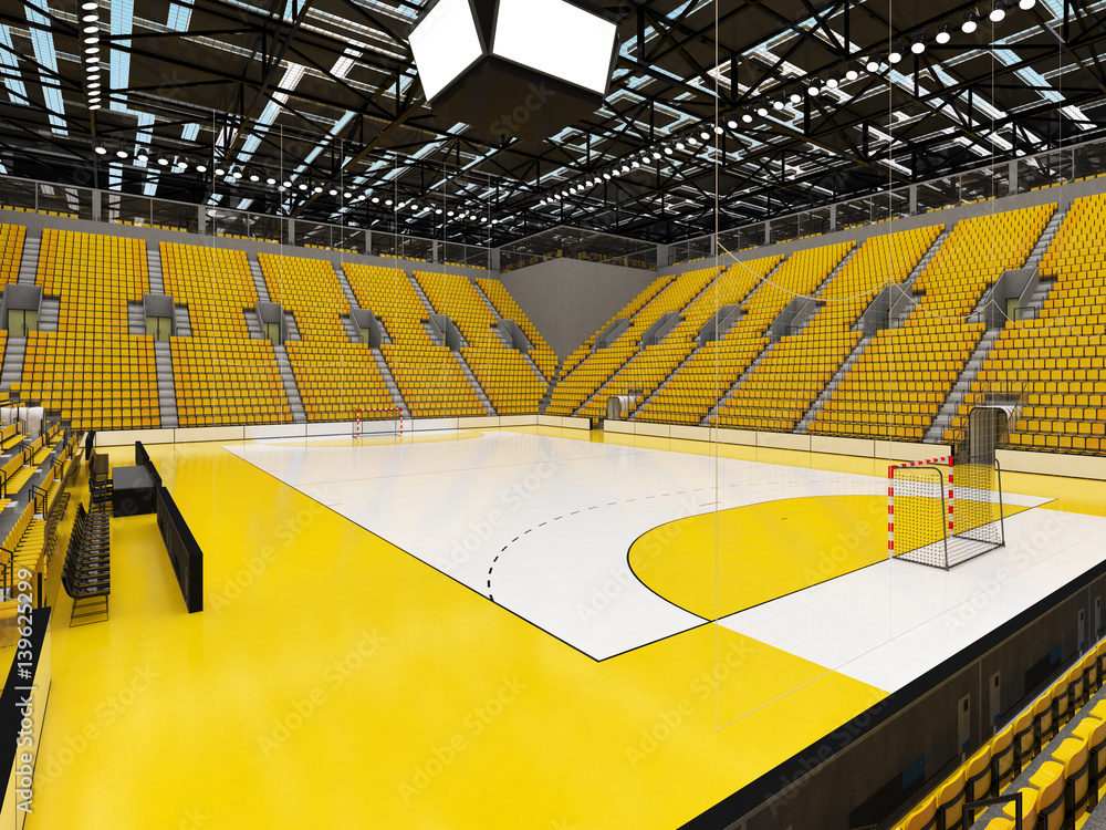 Bbeautiful sports arena for handball with yellow seats and VIP boxes ...