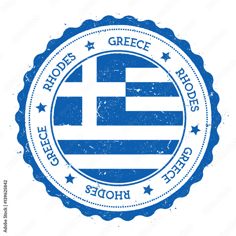 Rhodes flag badge. Vintage travel stamp with circular text, stars and ...