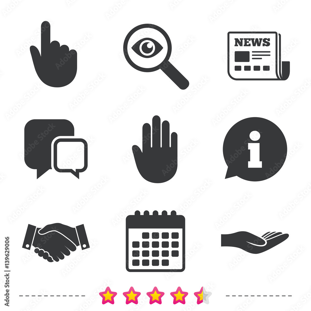 Hand icons. Handshake and click here symbols. Stock Vector | Adobe Stock