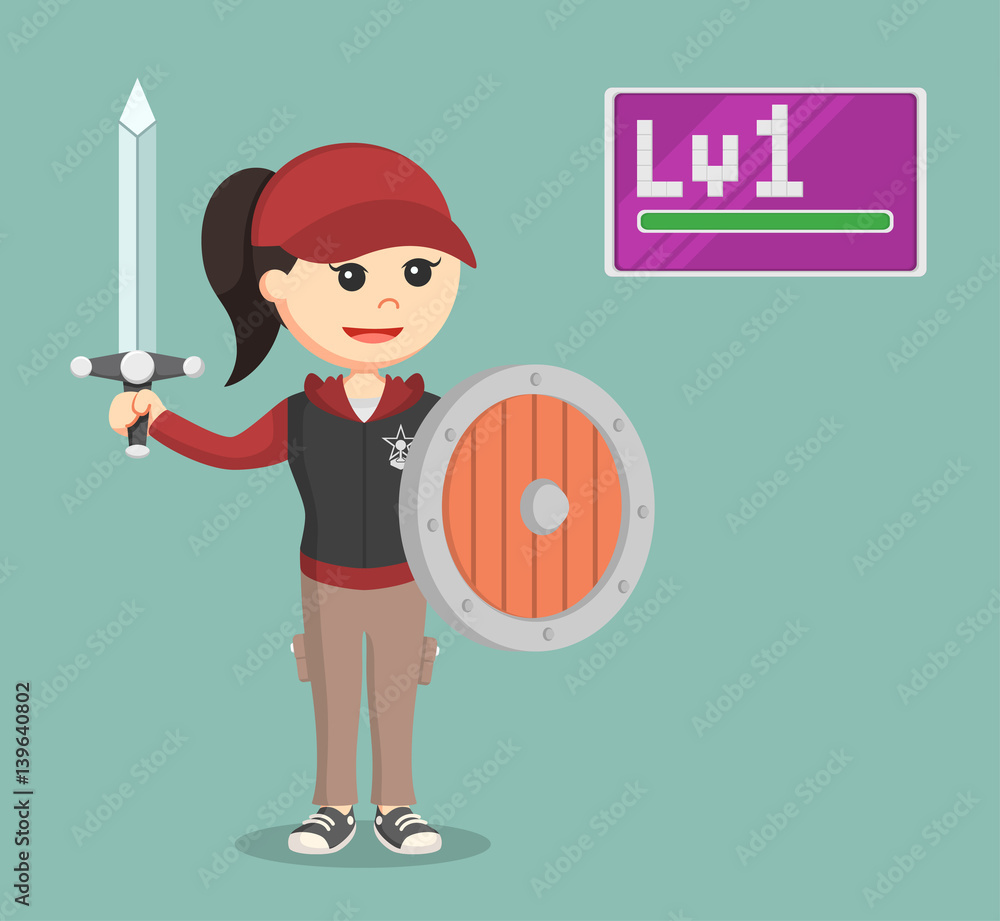level 1 female rpg gamer holding sword and shield Stock Vector | Adobe ...