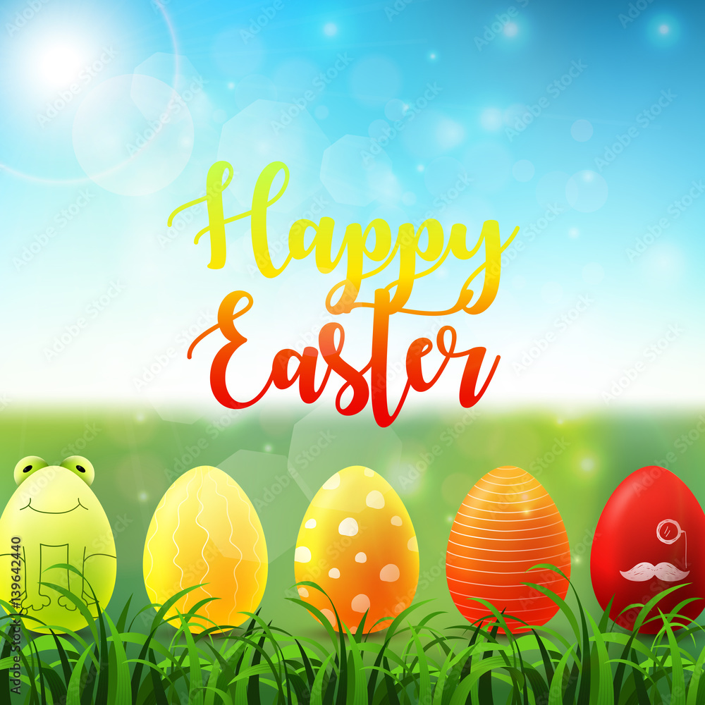 Easter background with bright easter eggs in the grass on sunny sky ...