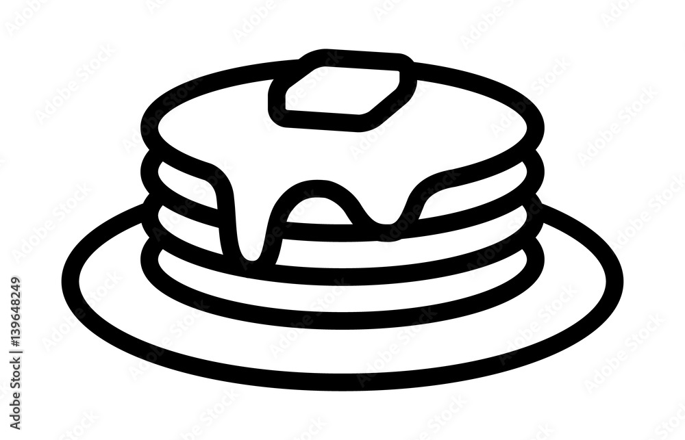 Vetor de Breakfast pancakes with syrup and butter on a plate line art icon for food apps and ...