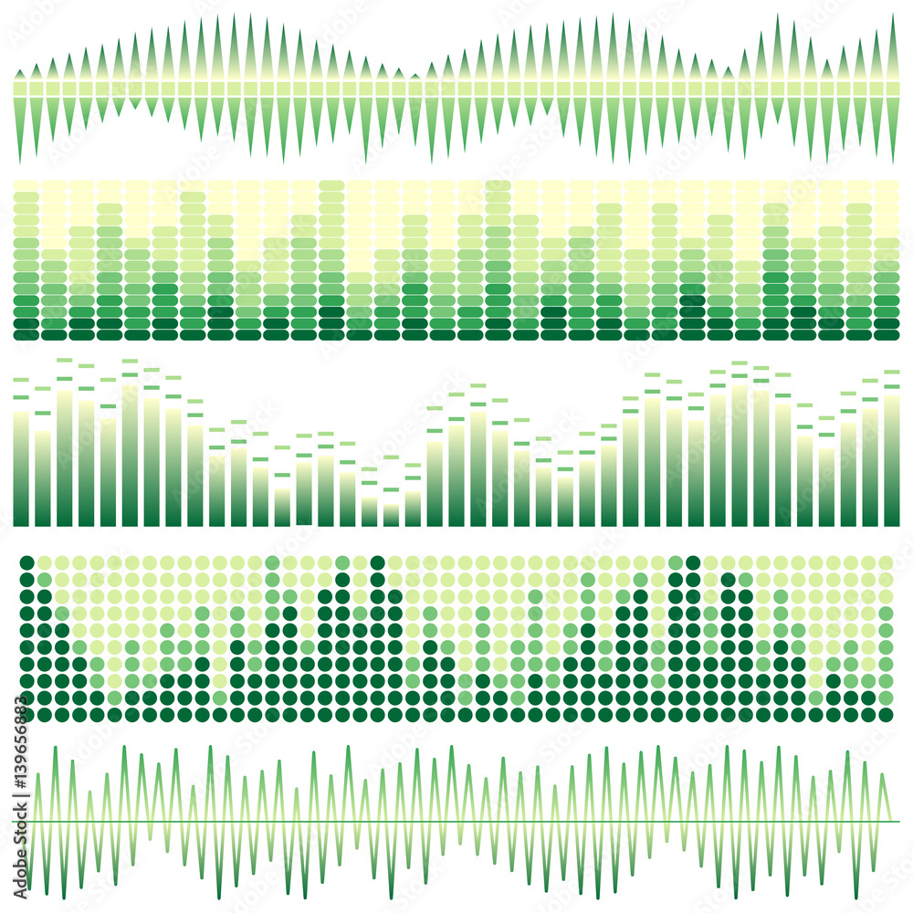 Vector set of green sound waves. Audio equalizer. Sound & audio waves ...