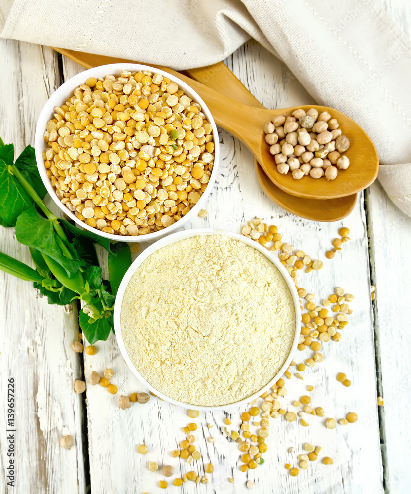 Flour pea and split pease in bowls on board top Stock Photo | Adobe Stock