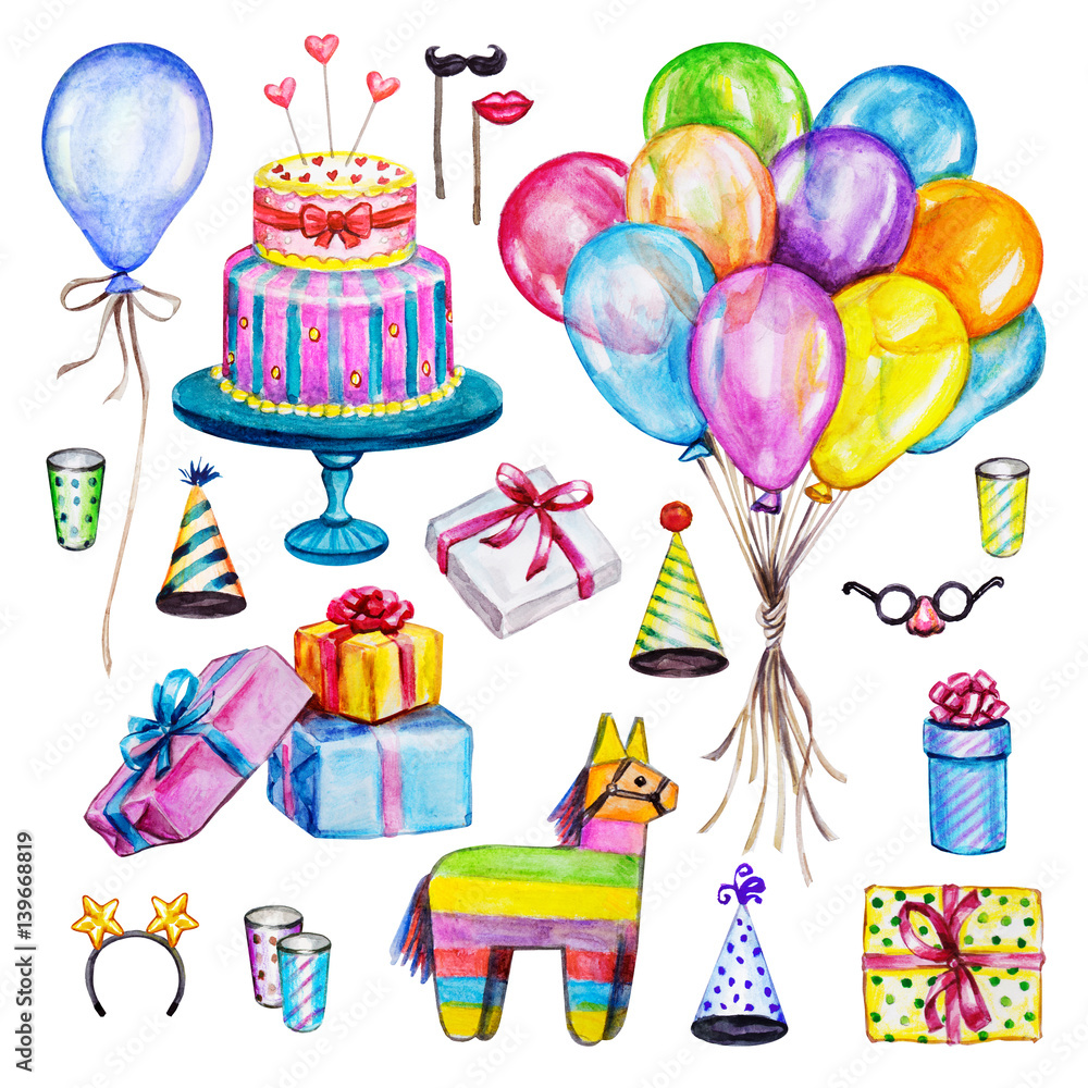 Watercolor Birthday party set. Hand drawn celebration objects: gift ...