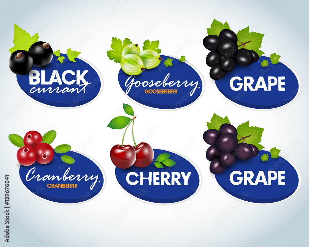 Organic berries labels collection with gooseberry cherry grape ...