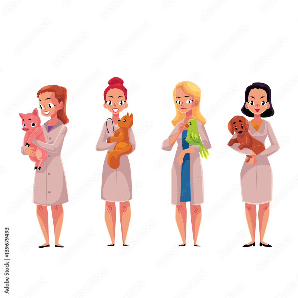 Set of female veterinarian doctors, women in white medical coats ...
