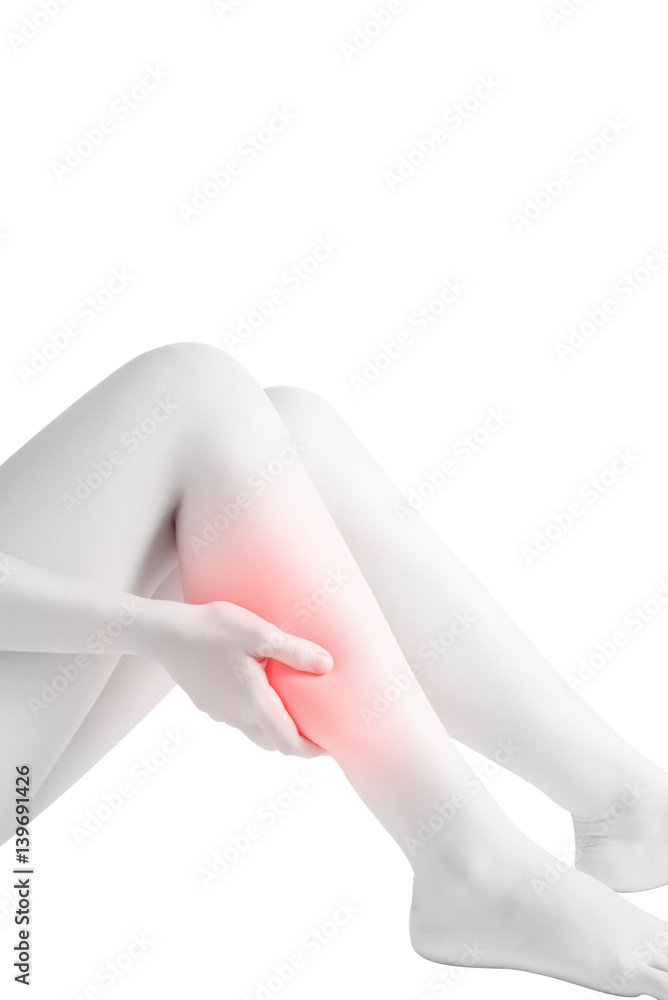 Acute pain in a woman calf leg isolated on white background. Clipping ...