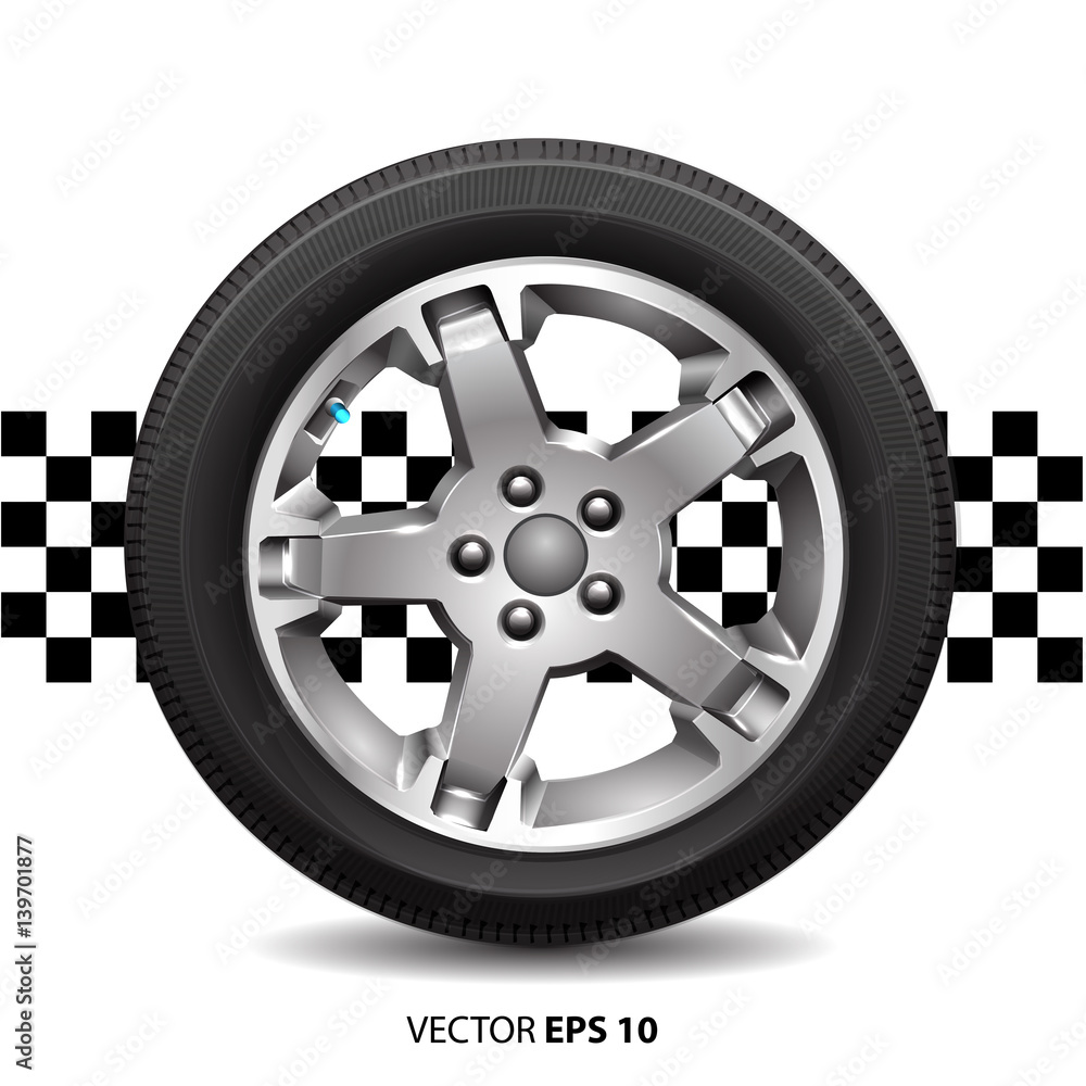 Wheel car on checkered background design for sport race vector ...