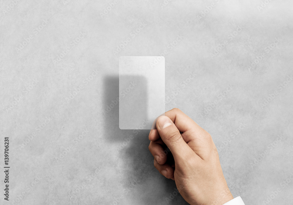 Hand hold blank vertical translucent card mockup with rounded corners ...
