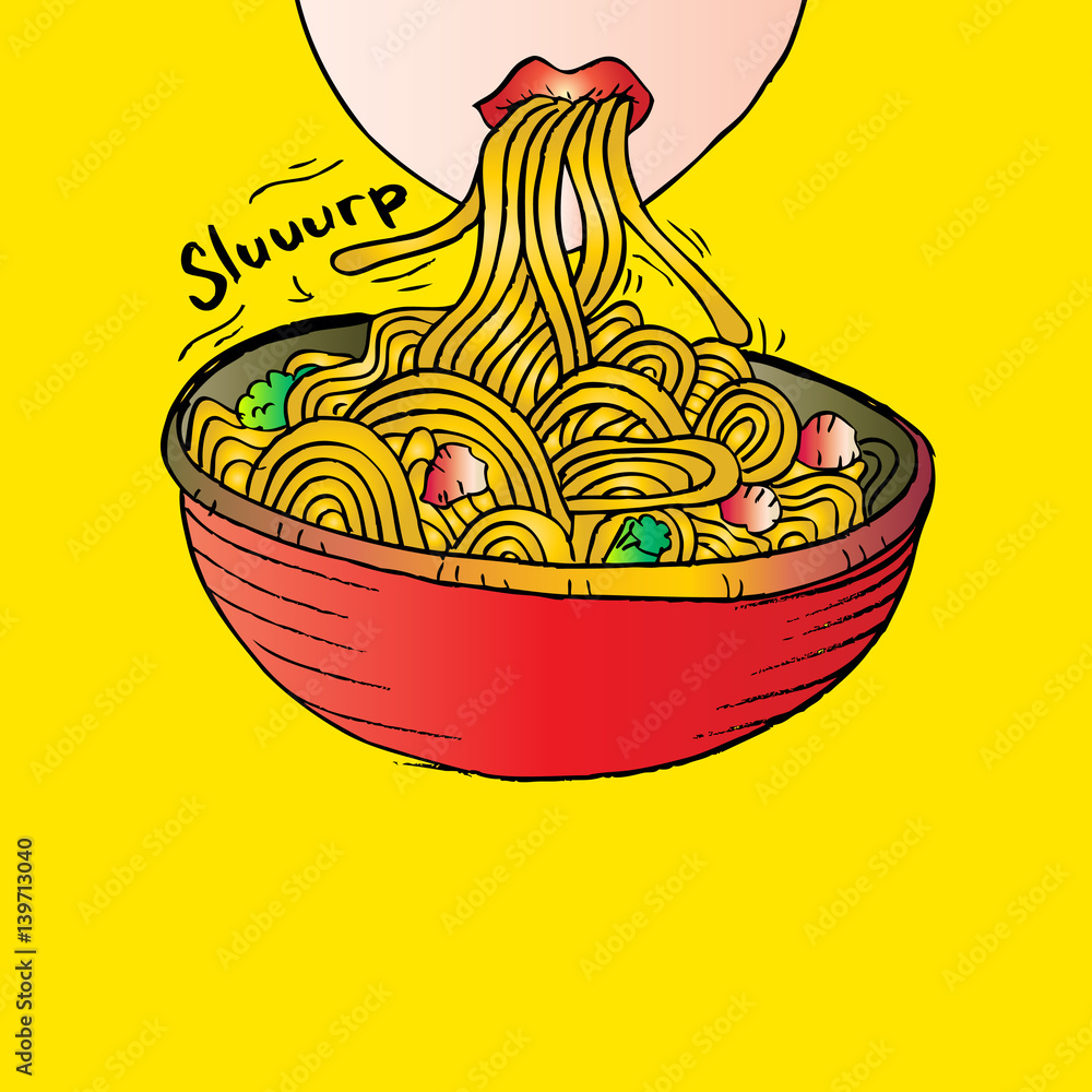 Girl slurping noodles Stock Illustration | Adobe Stock