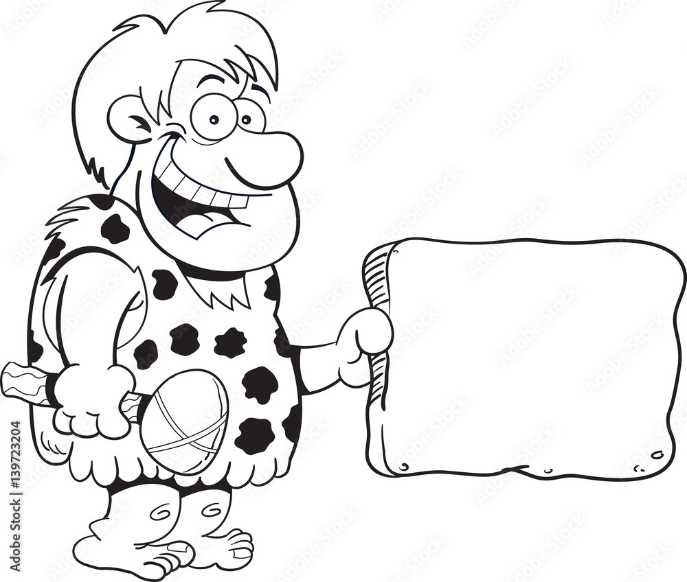 Black and white illustration of a caveman holding a sign. Stock Vector ...