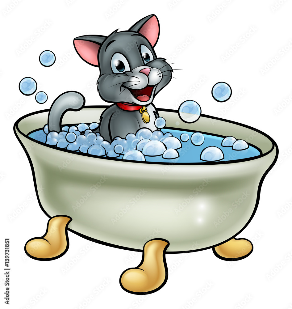 Cartoon Cat Washing in the Bath Stock Vector | Adobe Stock